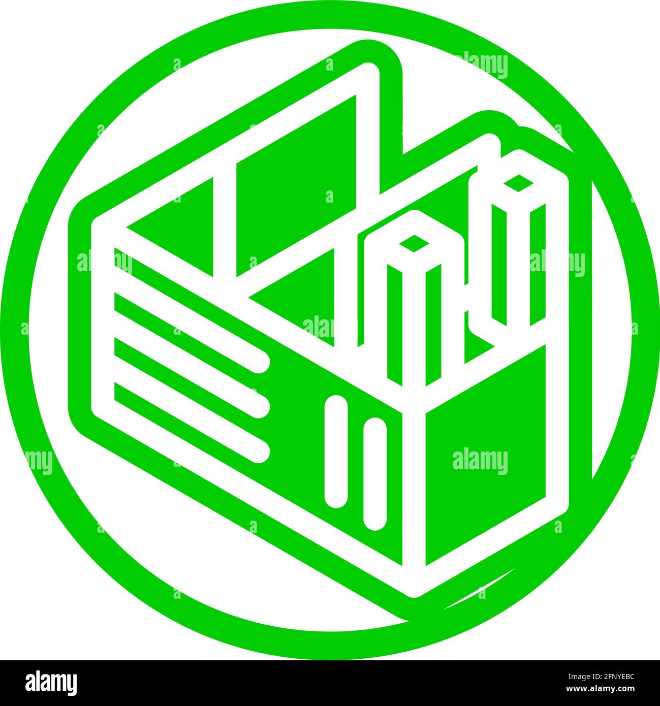 Factory icon in isometric flat design with green color and outline on a ...
