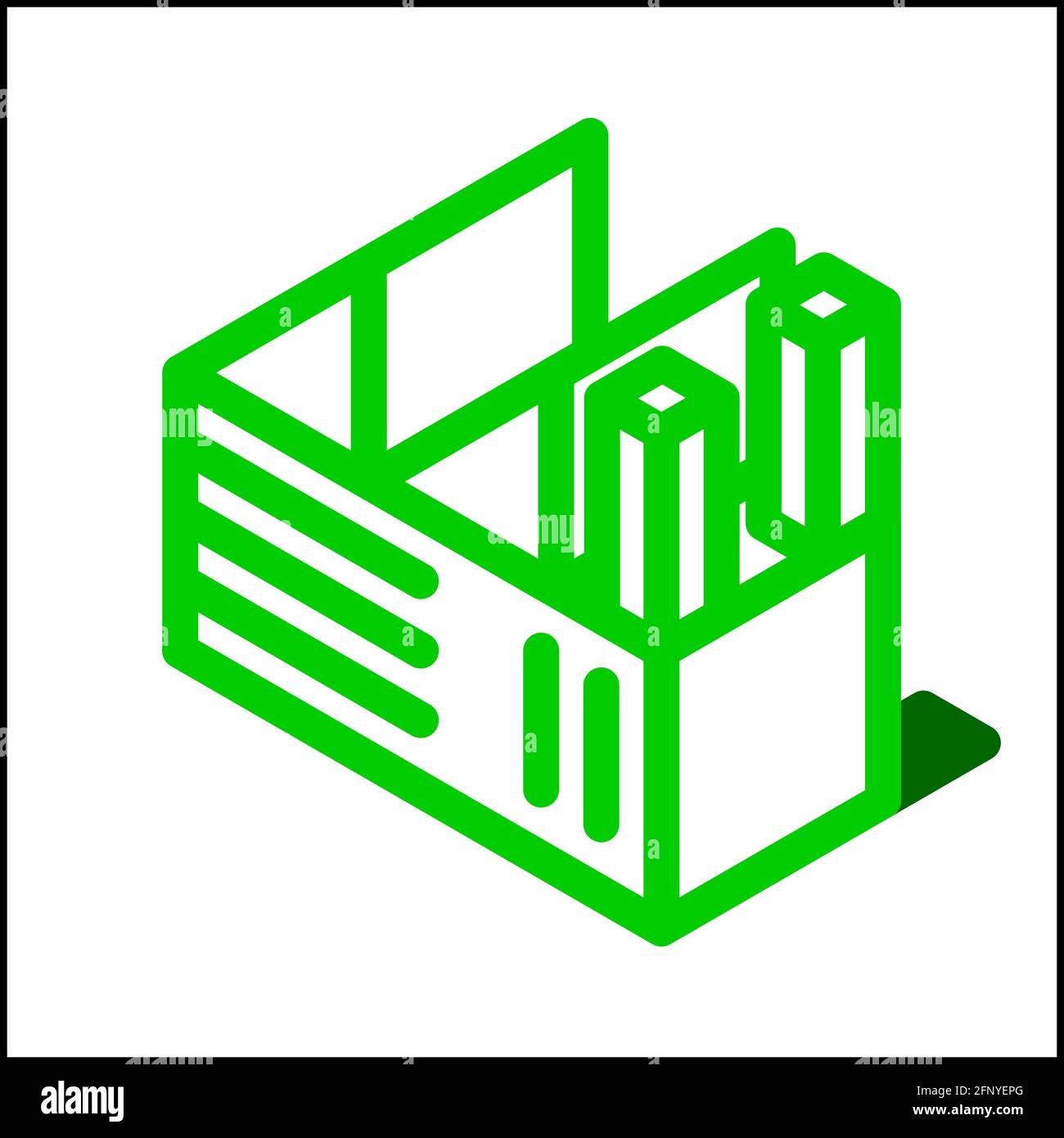 Factory icon in isometric flat design with green color and shape of a ...