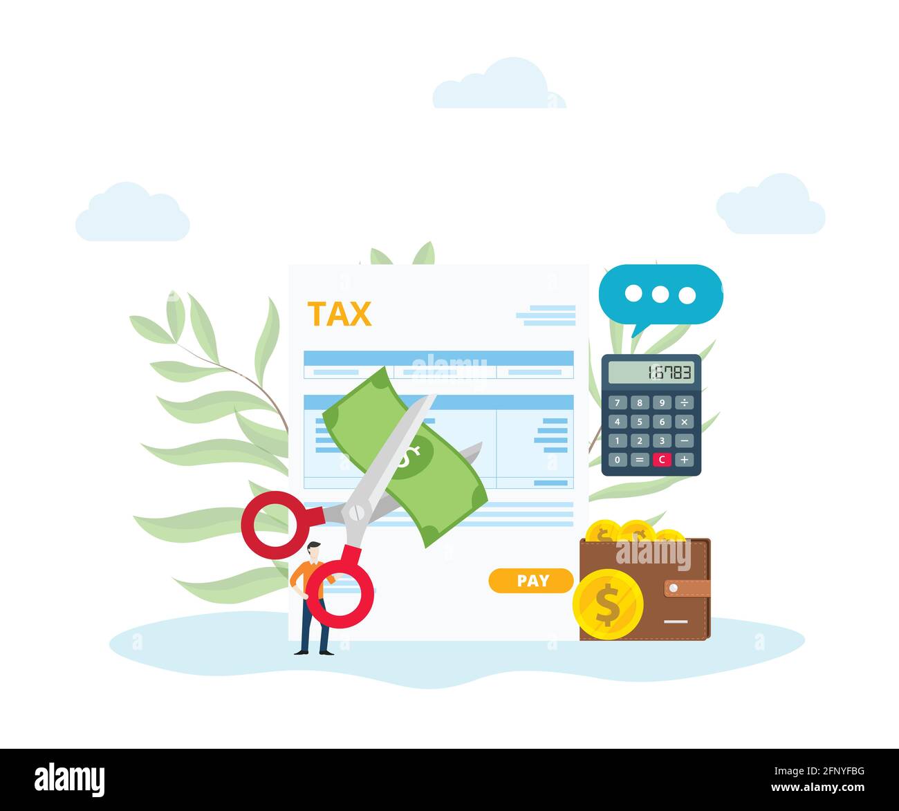 tax reduction or deduction concept with people cutting money on front ...