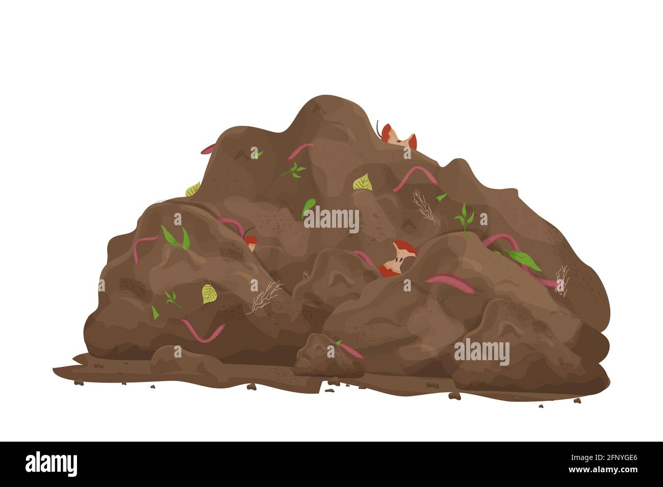 Compost pile with organic garbage and earthworms in cartoon style ...
