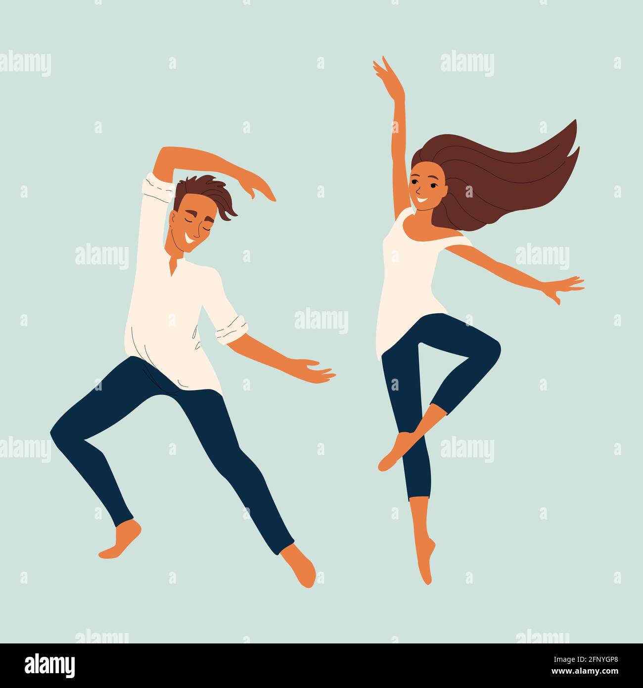 Two young dancers guy and girl, vector dancing characters in flat style ...