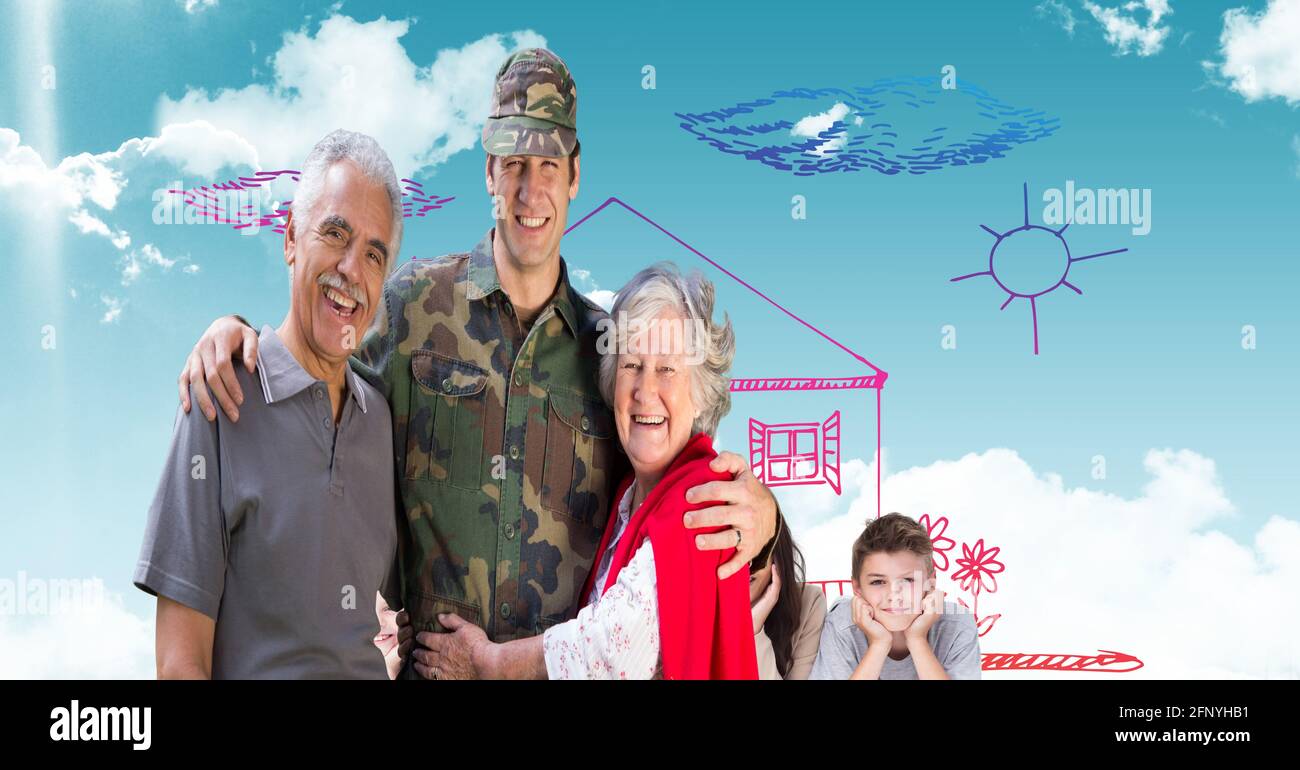 Composition of smiling male soldier embracing his parents with son and ...