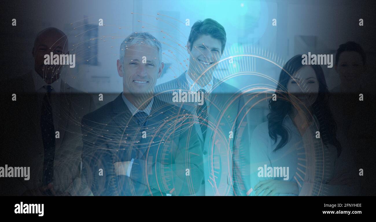 Composition of scope scanning over smiling business people Stock Photo ...