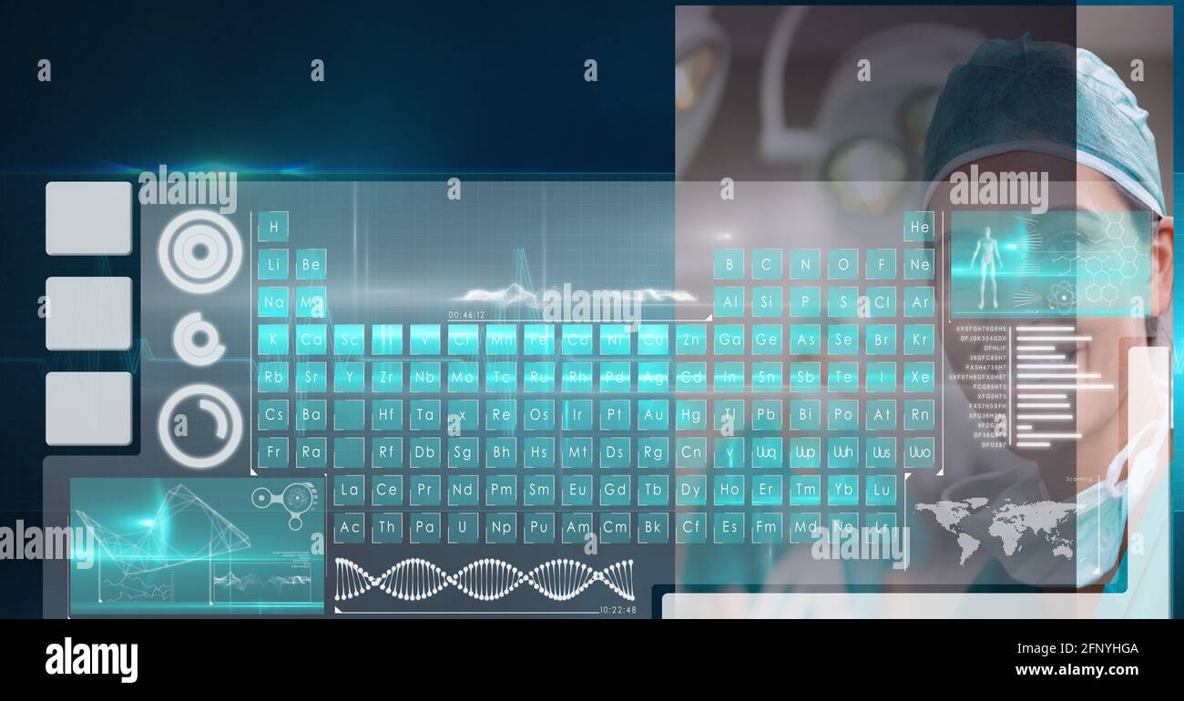 Periodic table and medical data processing over portrait of female ...