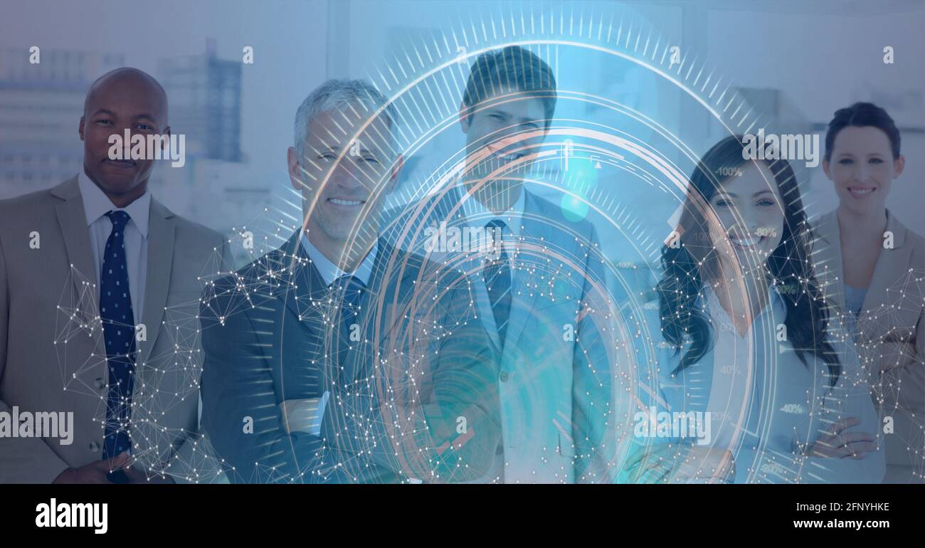 Composition of scope scanning over smiling business people Stock Photo ...
