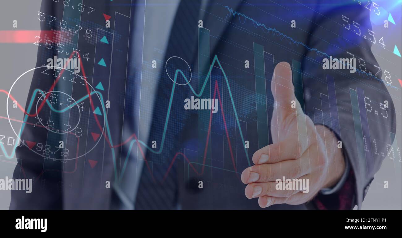 Stock market data processing against mid section of businessman ...