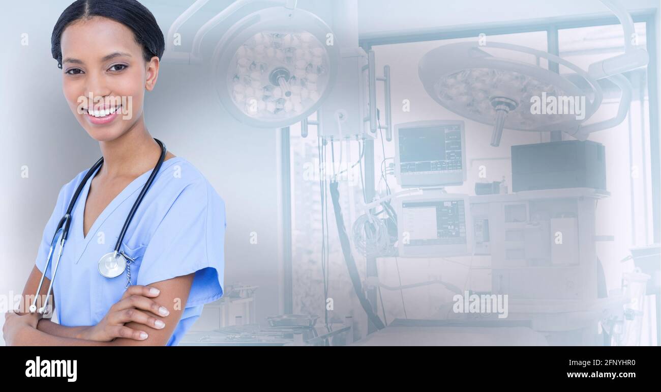 Portrait of african american female health worker smiling against ...