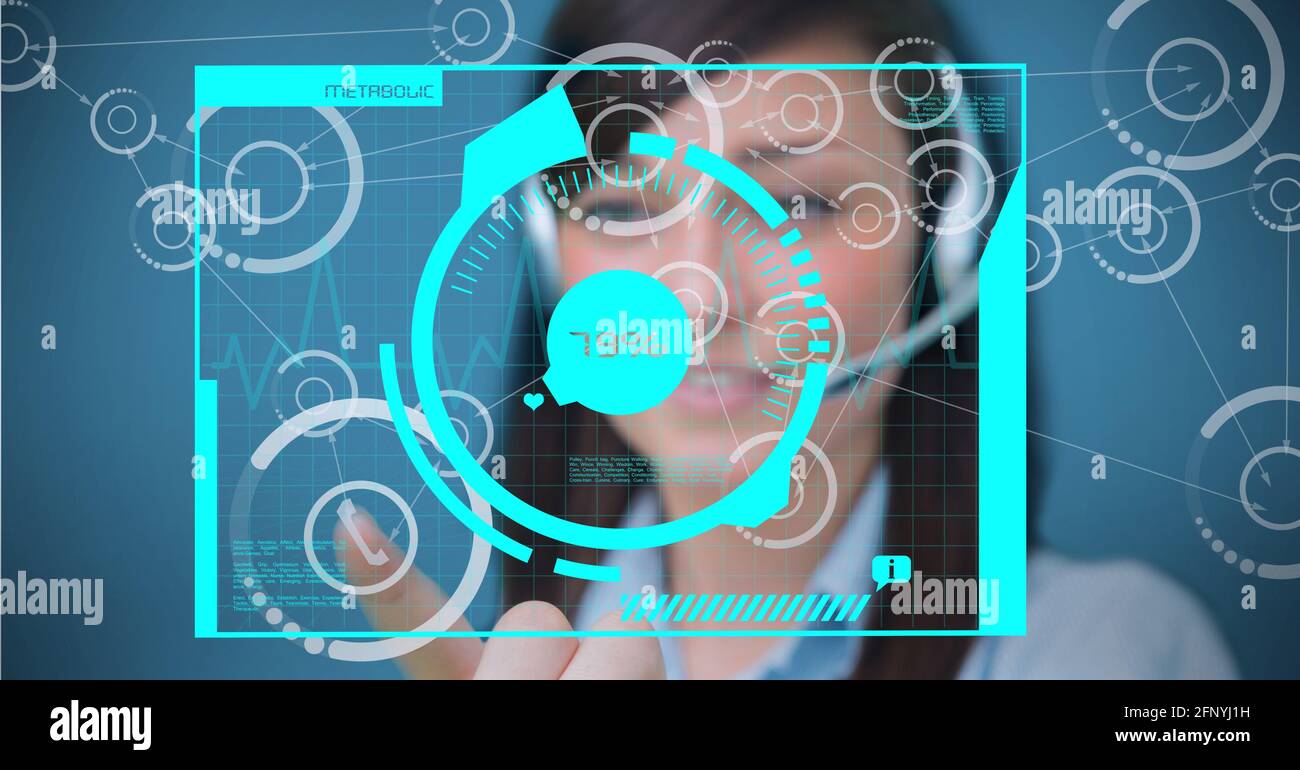 Composition of businesswoman touching digital screen with scopes ...