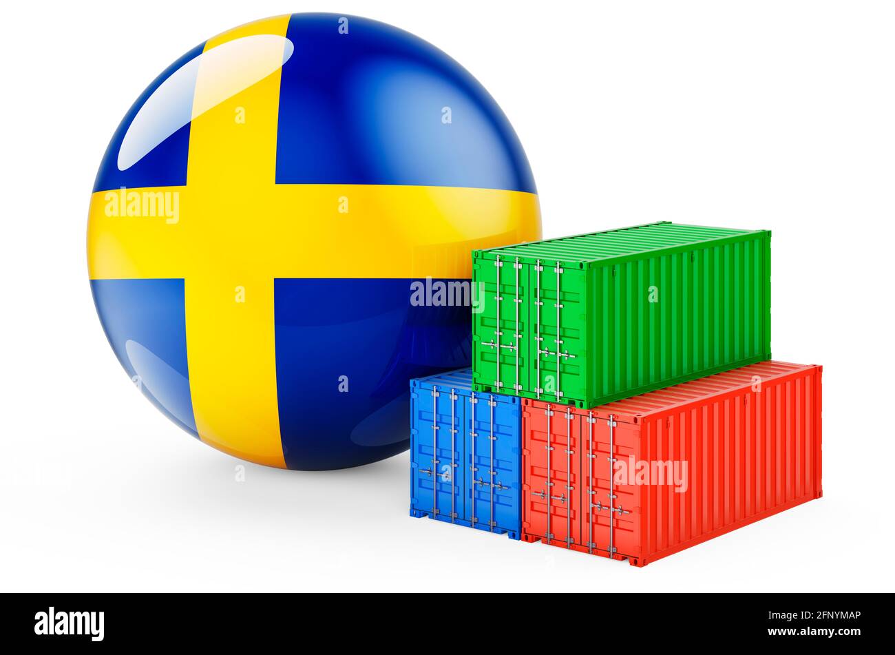 Cargo containers with Swedish flag. Freight shipping in Sweden, 3D ...