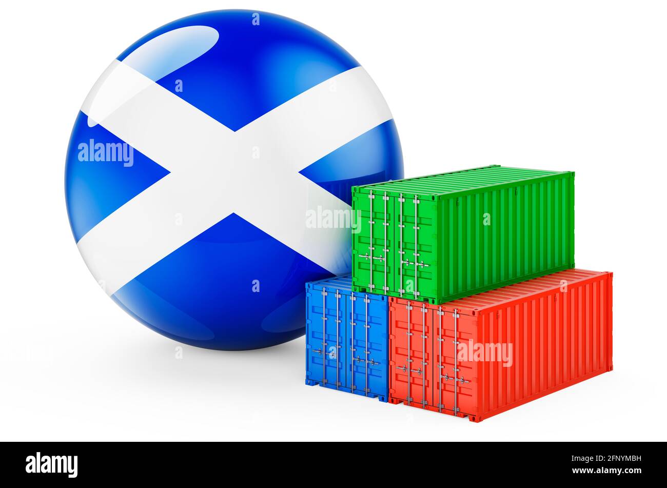 Cargo containers with Scottish flag. Freight shipping in Scotland, 3D ...