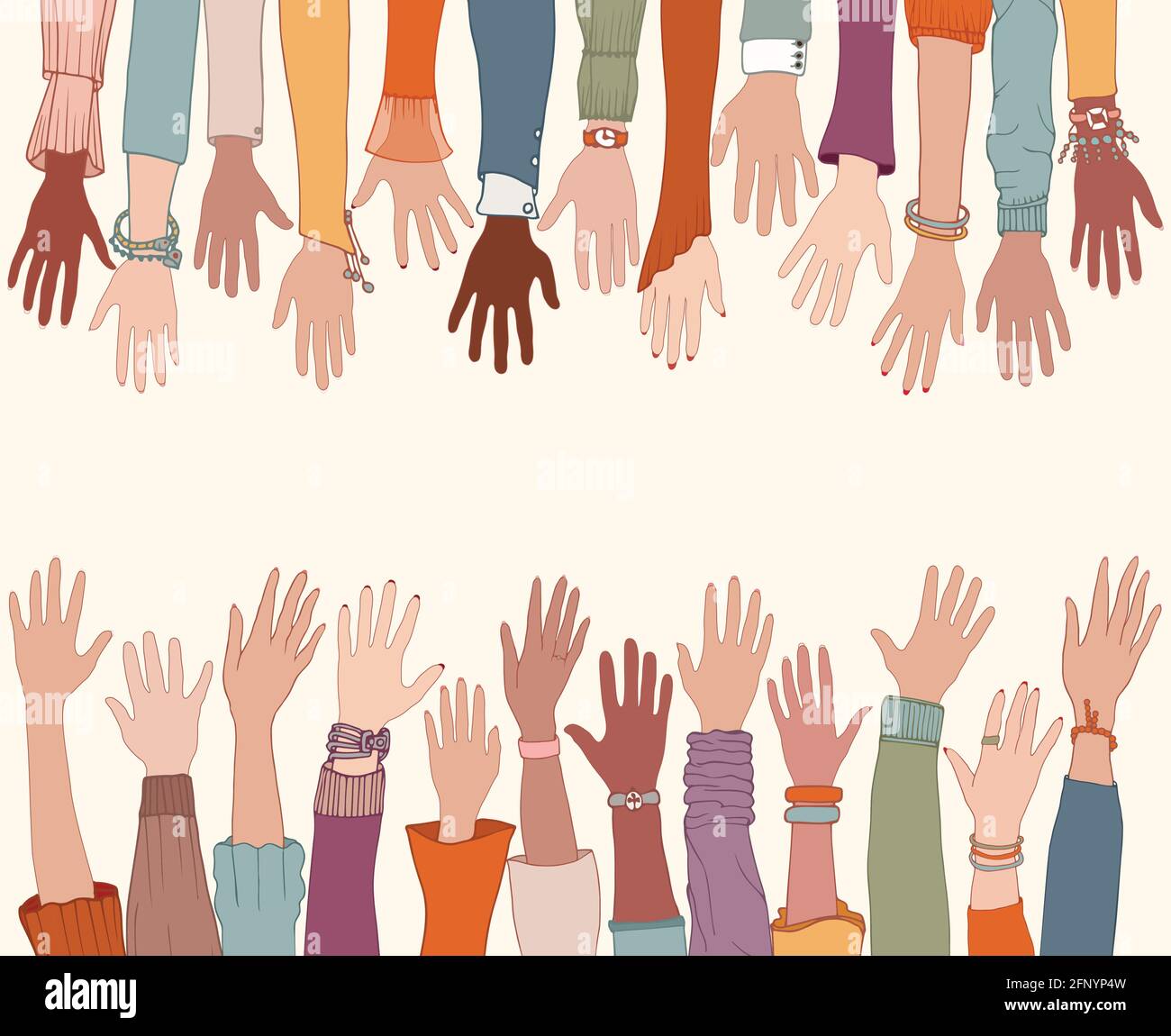 Group of raised arms and hands starting from below and meeting a group ...