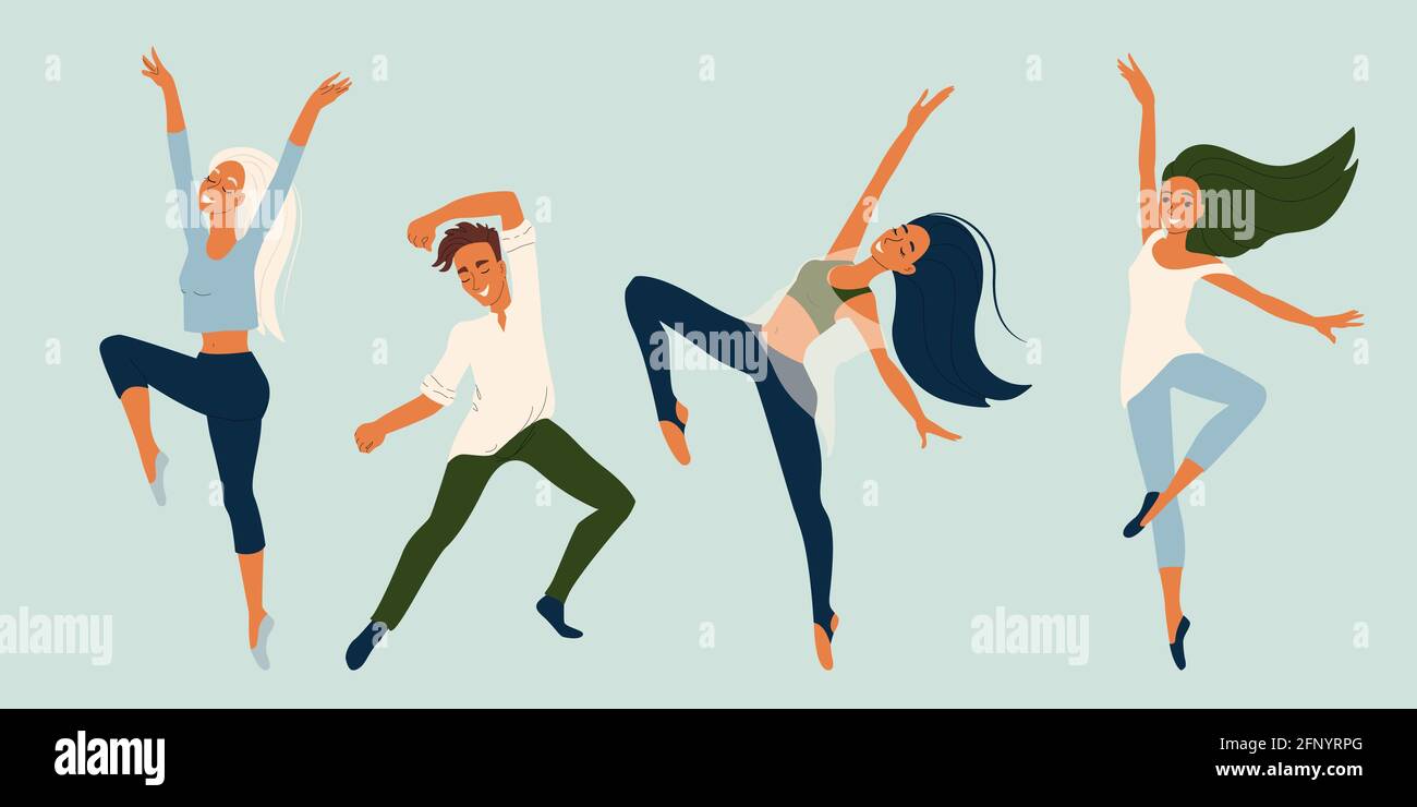 Girl and guy dancers in different poses, set of vector characters in ...