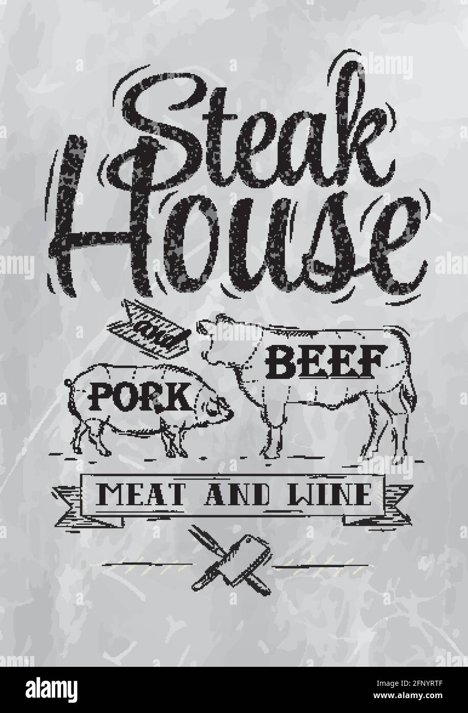 Poster Steak House chalk drawing with a pig and a cow in the form of ...