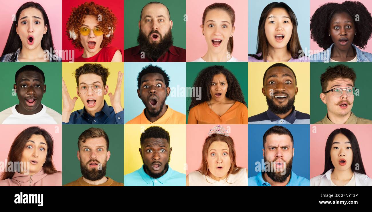 Portraits of group of people on multicolored background, collage Stock ...