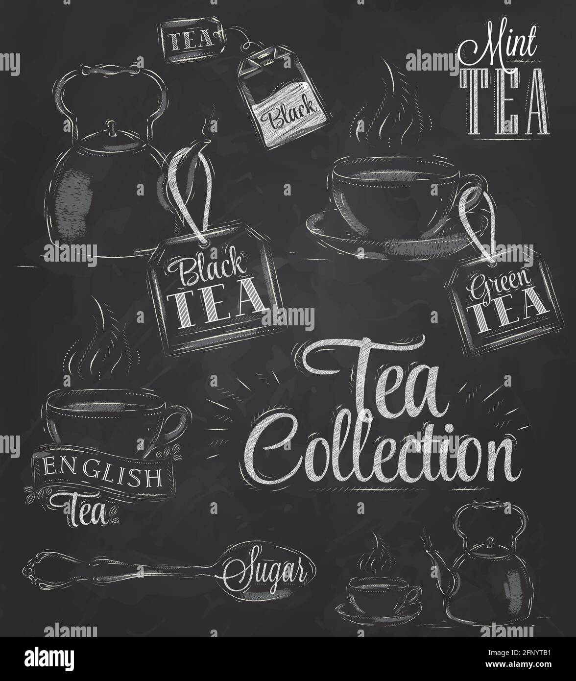 Set of tea collection with a tea cup and tea bags in vintage style ...
