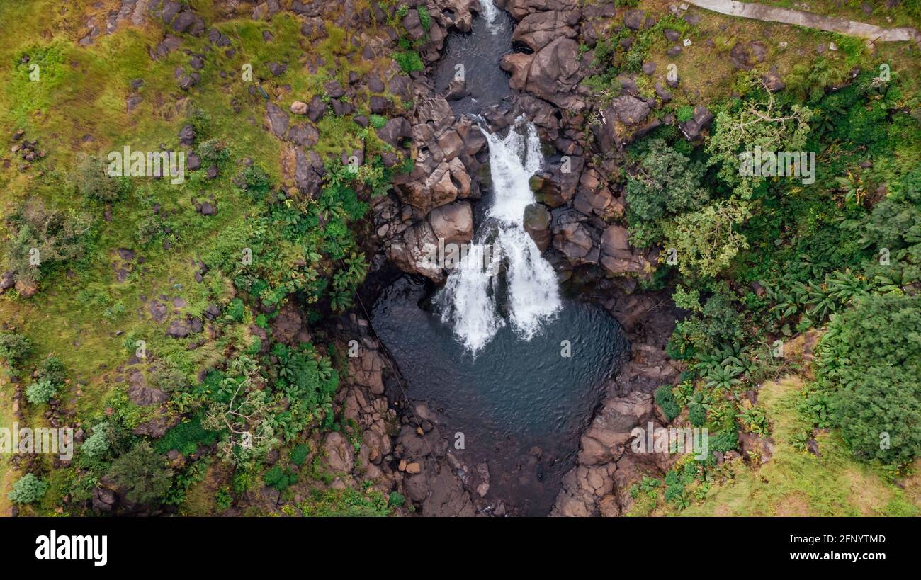 Aerial shot of a Kondwal waterfall, Bhimashankar, Maharashtra, India ...