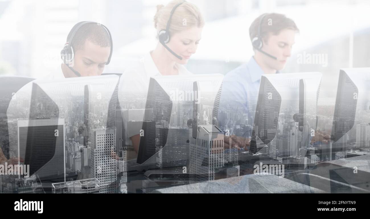 Animation cityscape over people working hi-res stock photography and ...