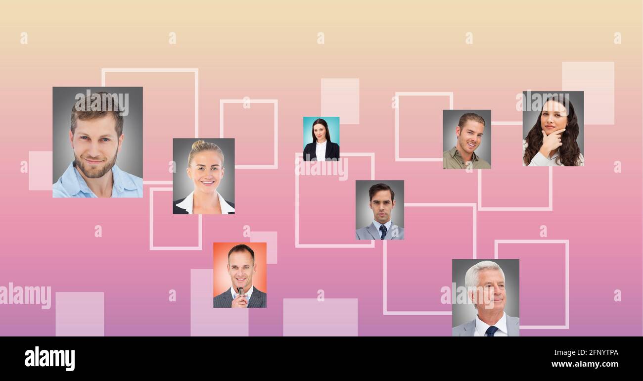 Network of profile icons against pink and yellow gradient background ...