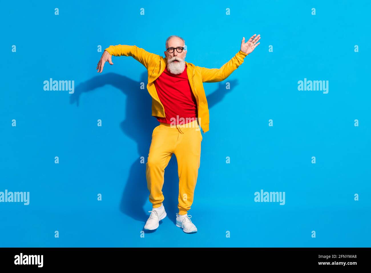 Full size photo of funky funny handsome mature man dancing make silly ...