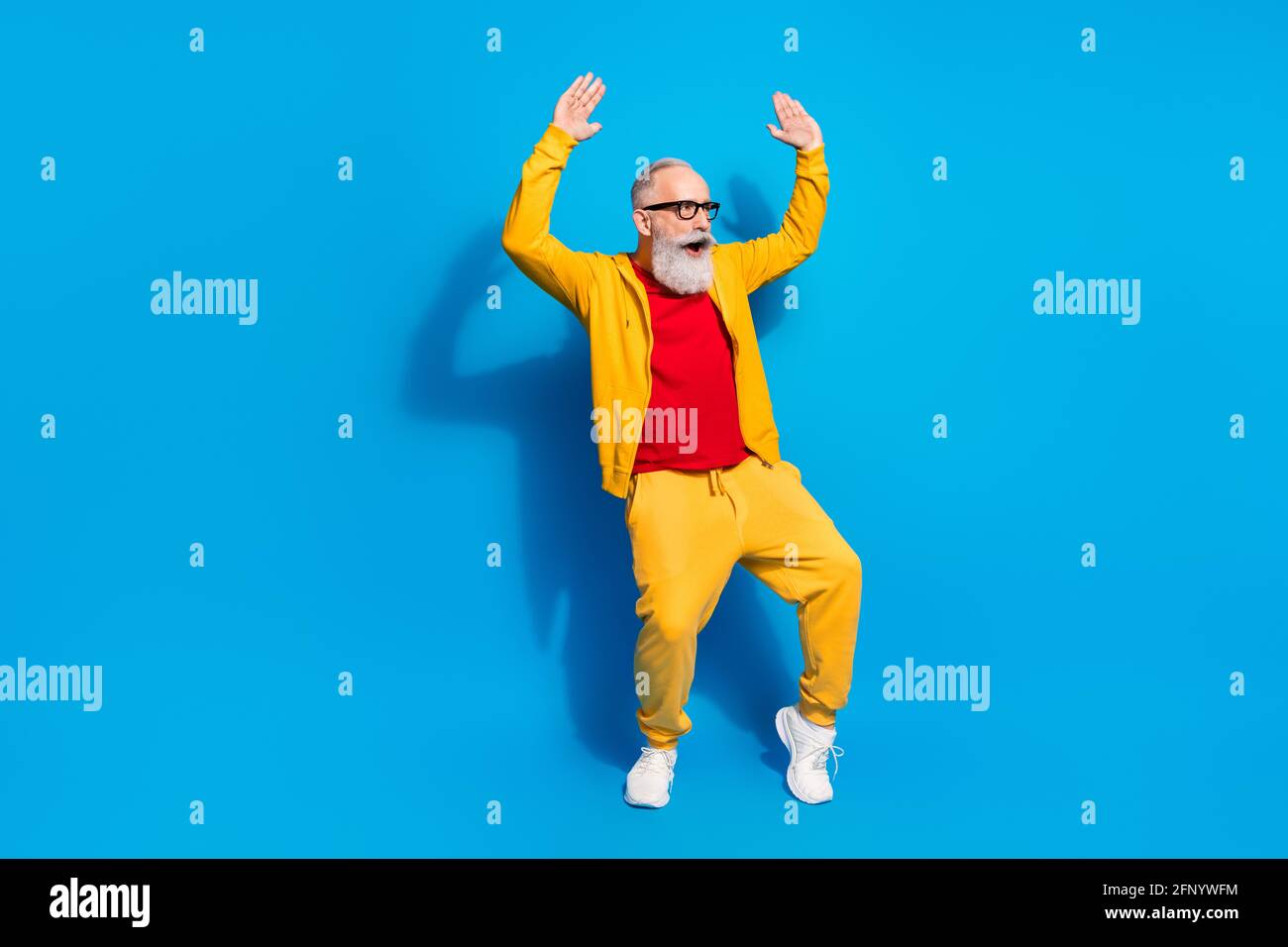 Full size photo of funky funny crazy shocked old man dancing look ...