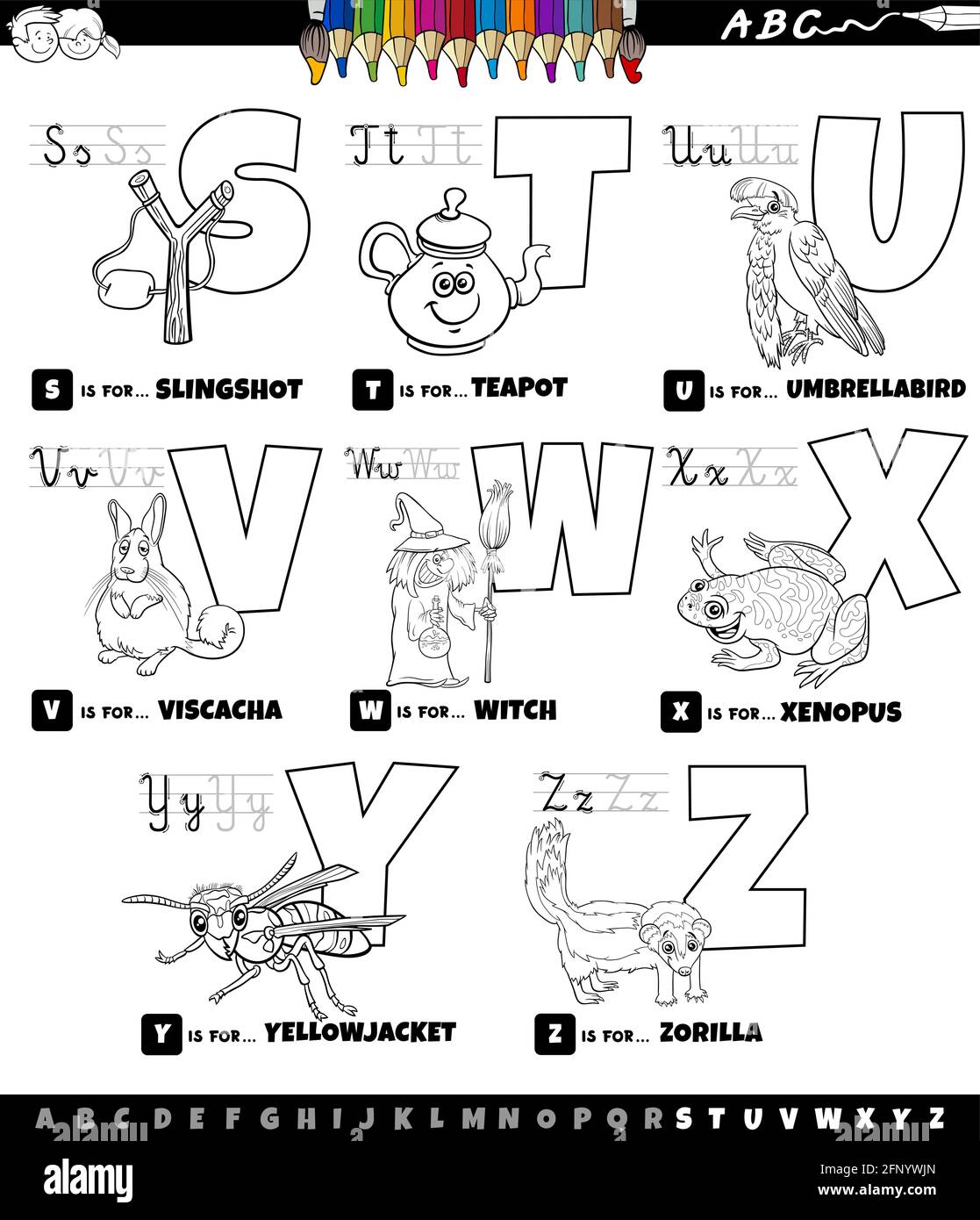 Black and white cartoon illustration of capital letters alphabet ...