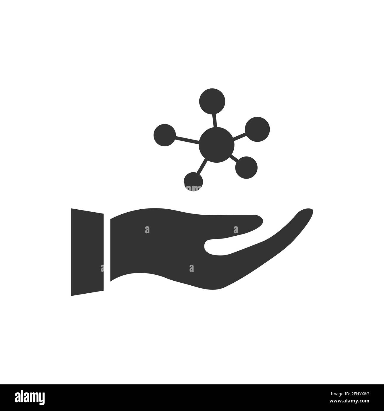 Hand holding molecule icon. Open hand with molecule structure. Black ...