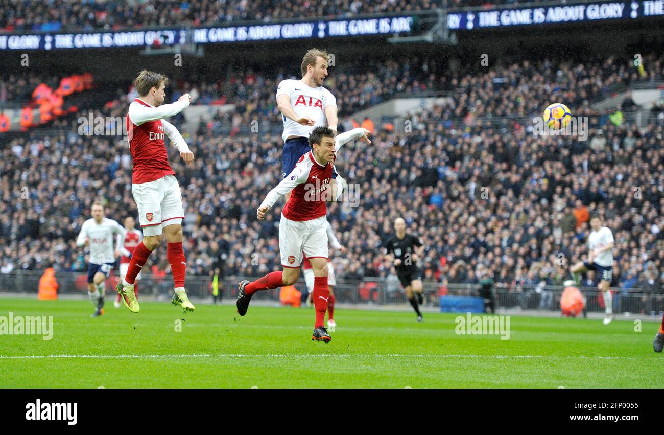 Harry Kane of Spurs heads in the first goal during the Premier League ...