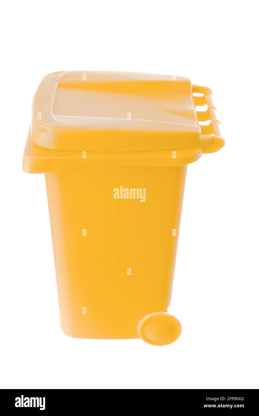Plastic yellow trash can isolated on white background Stock Photo - Alamy