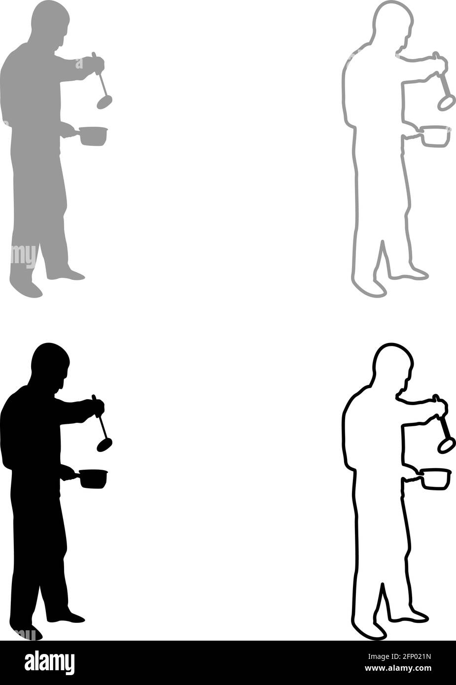 Man with saucepan scoop ladle Kitchen utensil Crack for soup in his ...