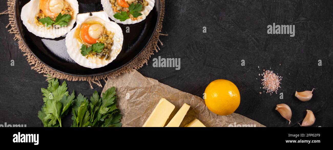 banner with recipe for cooking scallops with caviar. baked scallops ...