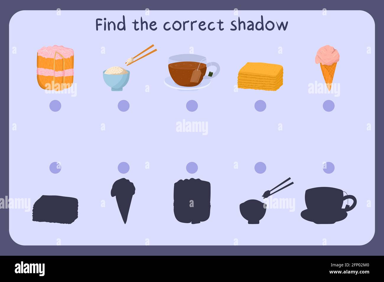 Matching children educational game with food - cake, tea, rice, ice ...