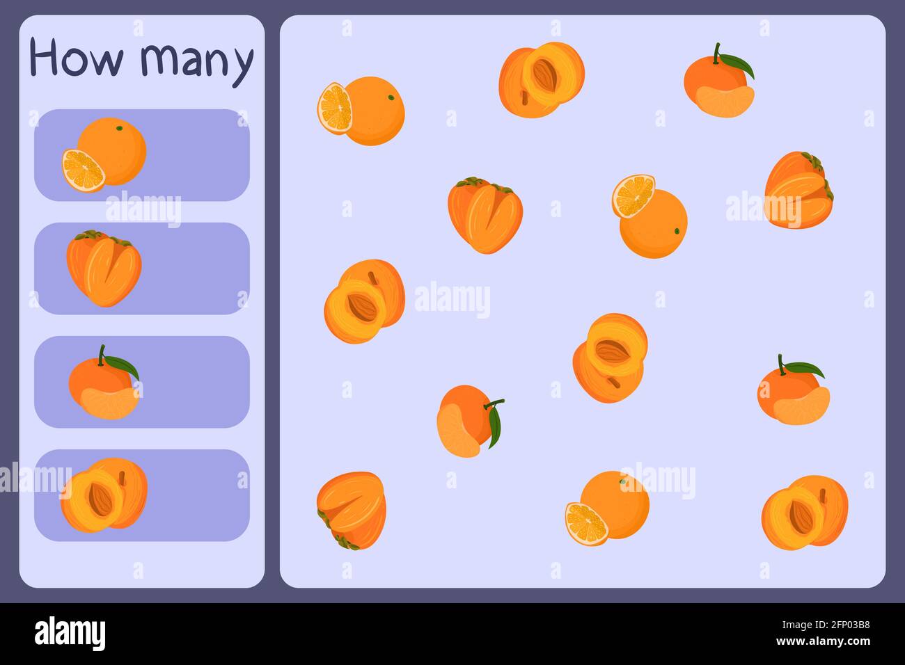 Kids mathematical mini game - count how many fruits - orange, persimmon ...