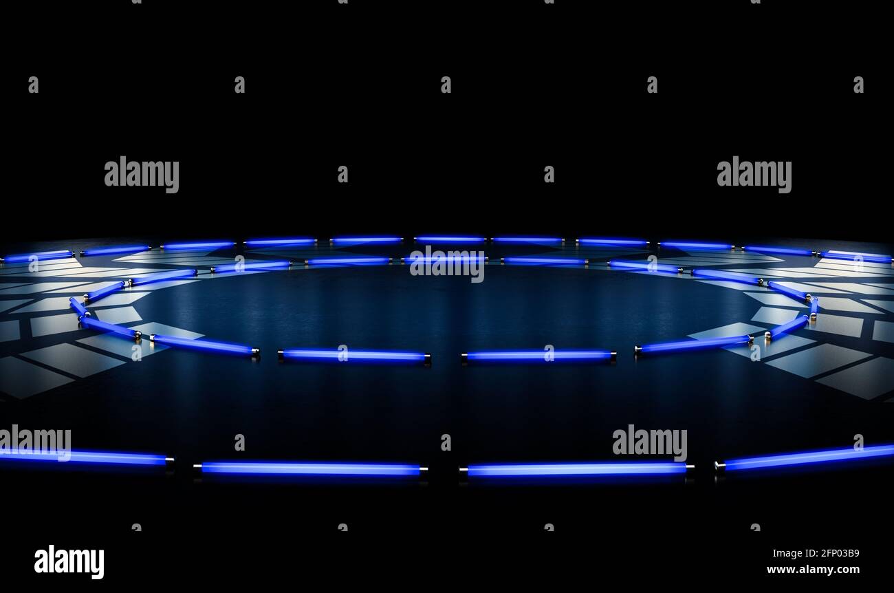 A black reflective stage setting with silver designs lit by a circular ...