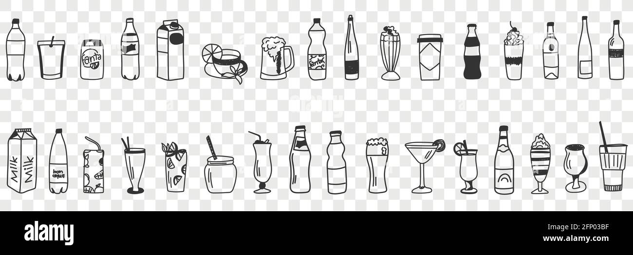 Various drinks collection doodle set. Collection of hand drawn ...