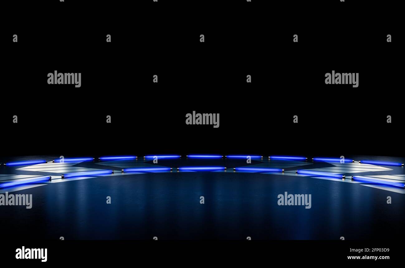 A black reflective stage setting with silver designs lit by a circular ...