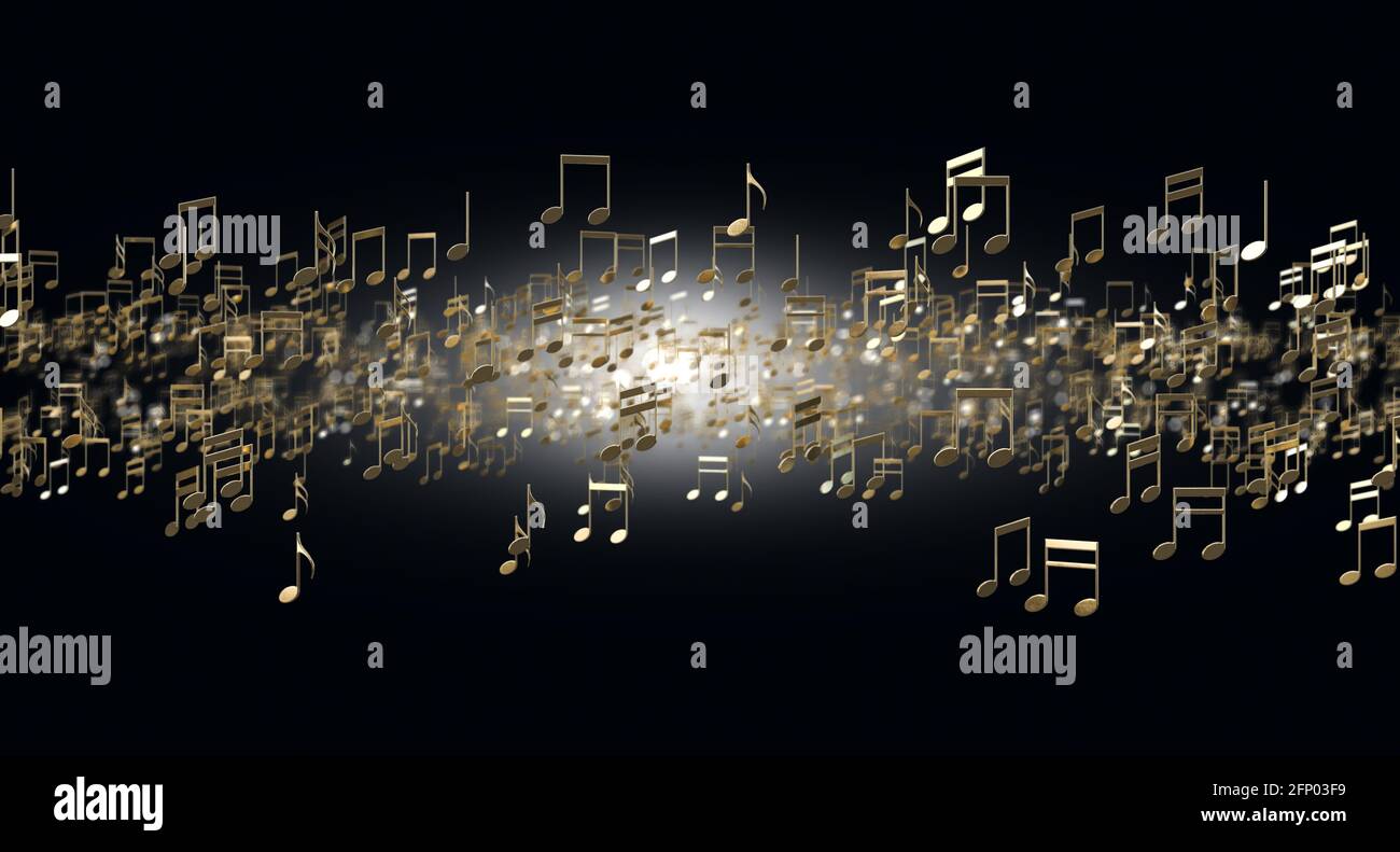 An array of randowm musical notes floating in the air on a dark ...