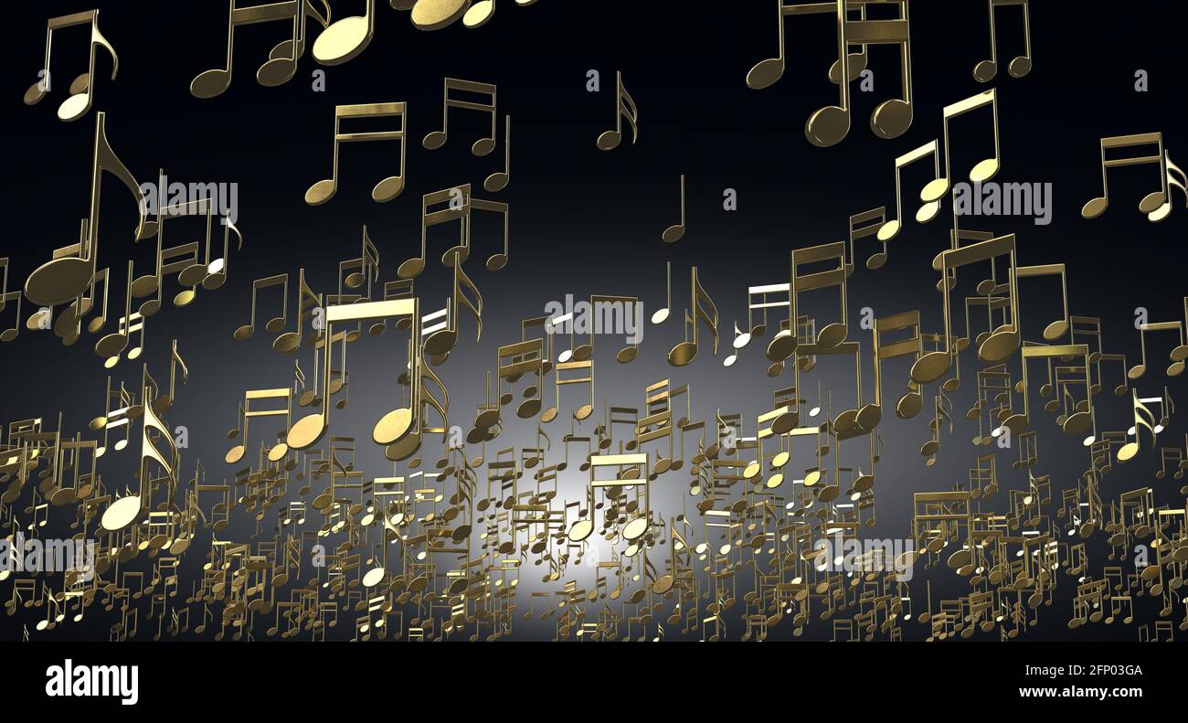 An array of randowm musical notes floating in the air on a dark ...
