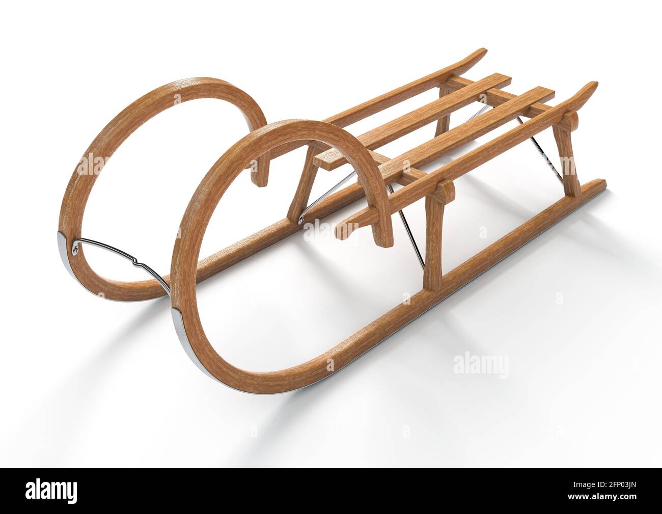 A vintage styled wooden snow sled on an isolated white studio ...