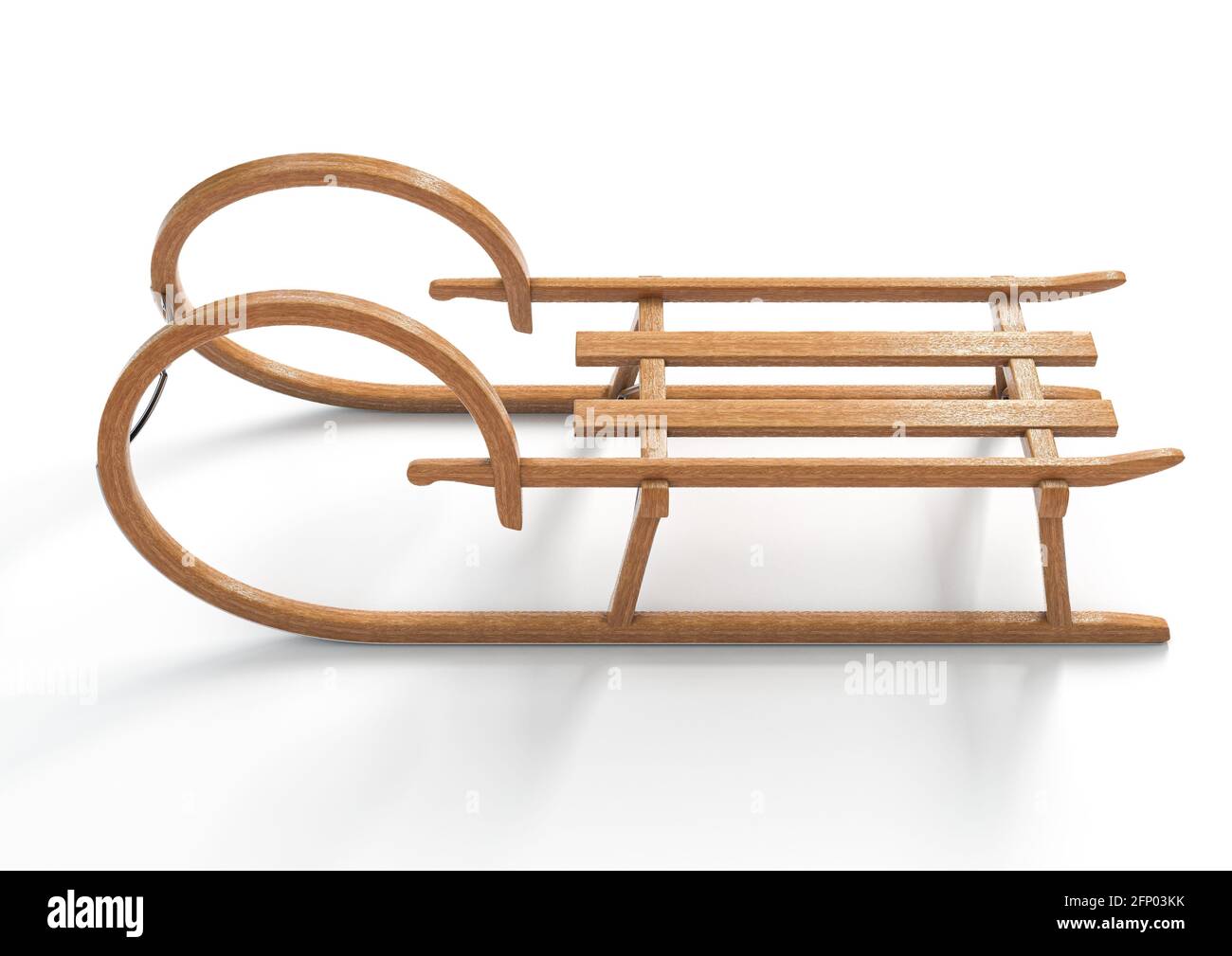 A vintage styled wooden snow sled on an isolated white studio ...