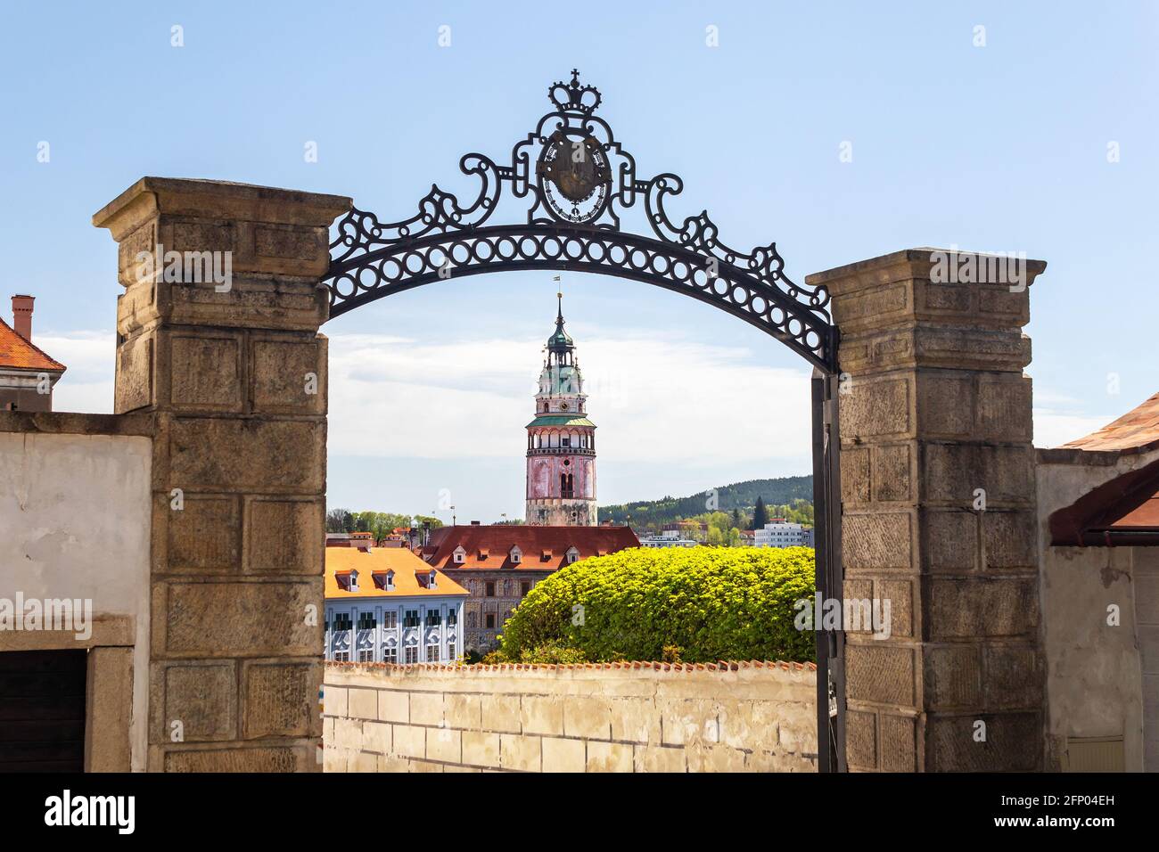 Iron gate and tower of Cesky Krumlov Castle, Cesky Krumlov, Czech ...