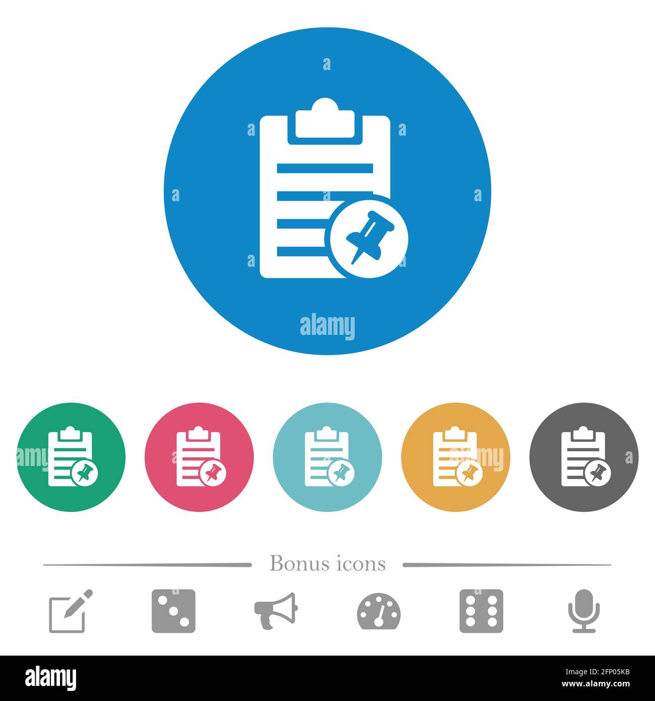 Note pin flat white icons on round color backgrounds. 6 bonus icons ...