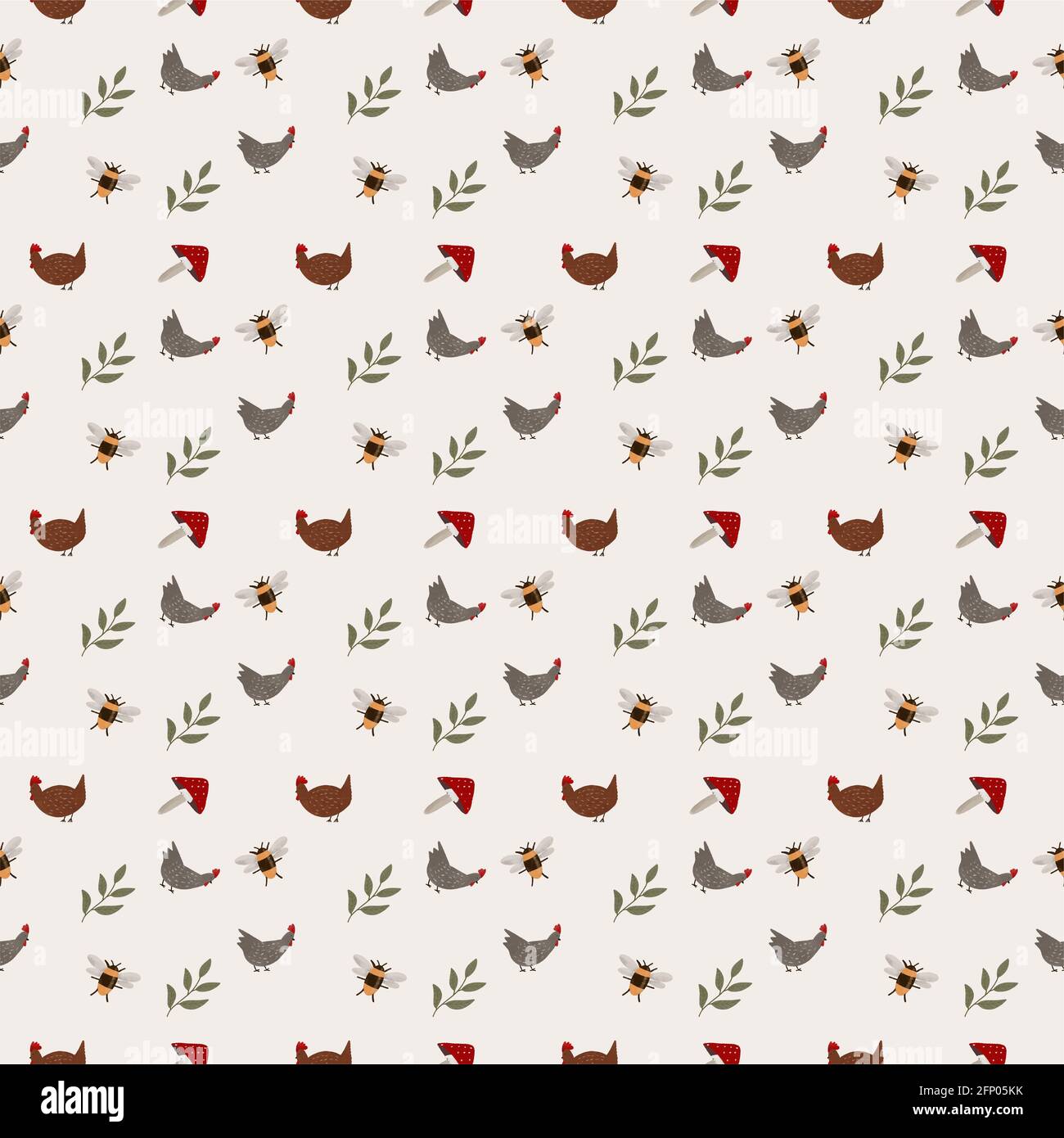 Hand drawn seamless pattern with chicken, mushroom, bug and plant ...