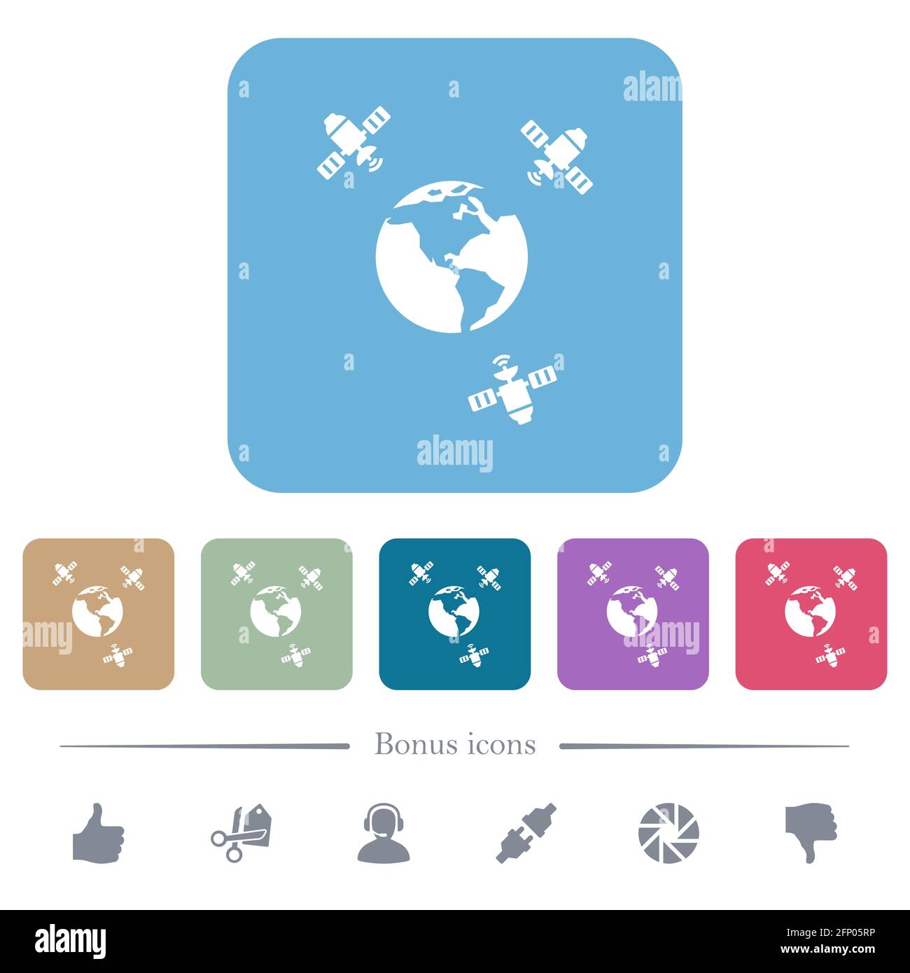 Satellite communication white flat icons on color rounded square backgrounds. 6 bonus icons ...