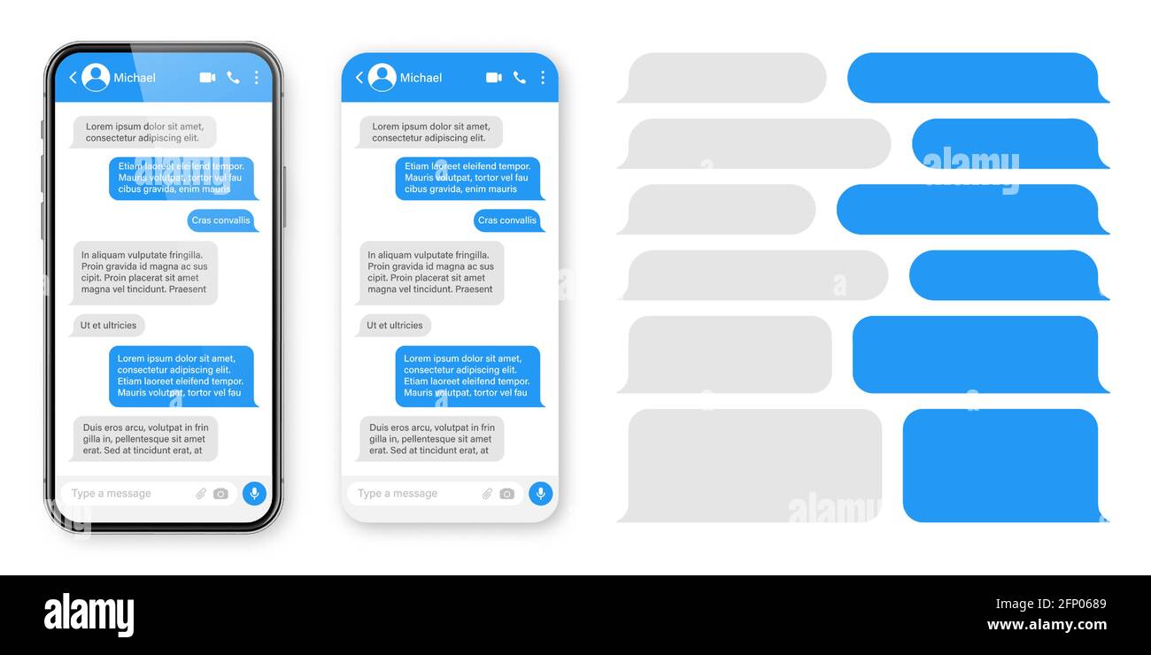 Realistic smartphone with messaging app. Blank SMS text frame ...