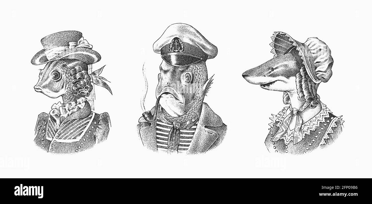 Fish man sailor with a pipe. Fish victorian lady. Woman in hat and suit ...