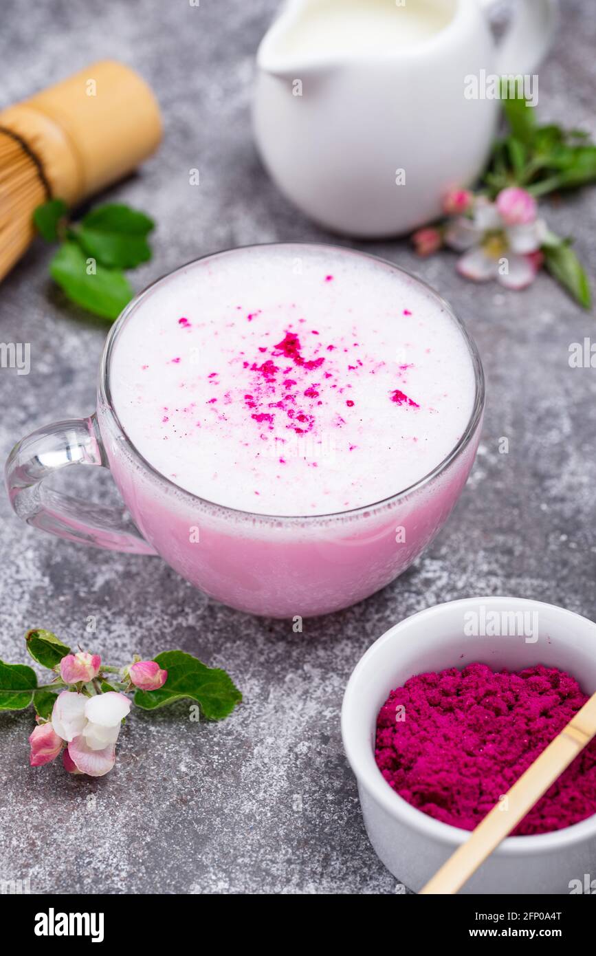 Pink matcha latte with milk Stock Photo - Alamy
