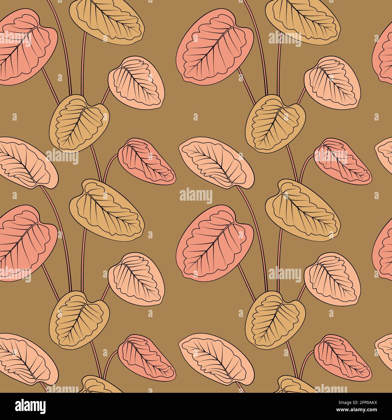 Tropical earthy calathea leaves black outline drawing seamless pattern ...