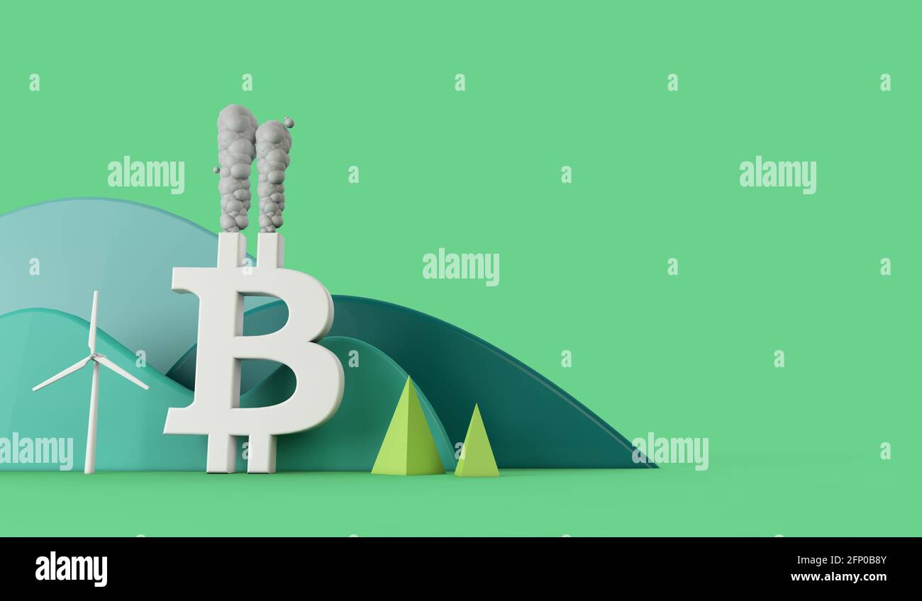 Bitcoin environmental impact. Pollution from a bitcoin logo. 3D ...