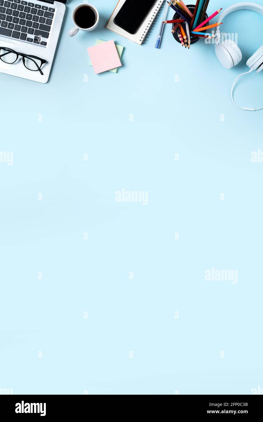 Online learning design concept. Top view of student table with computer ...