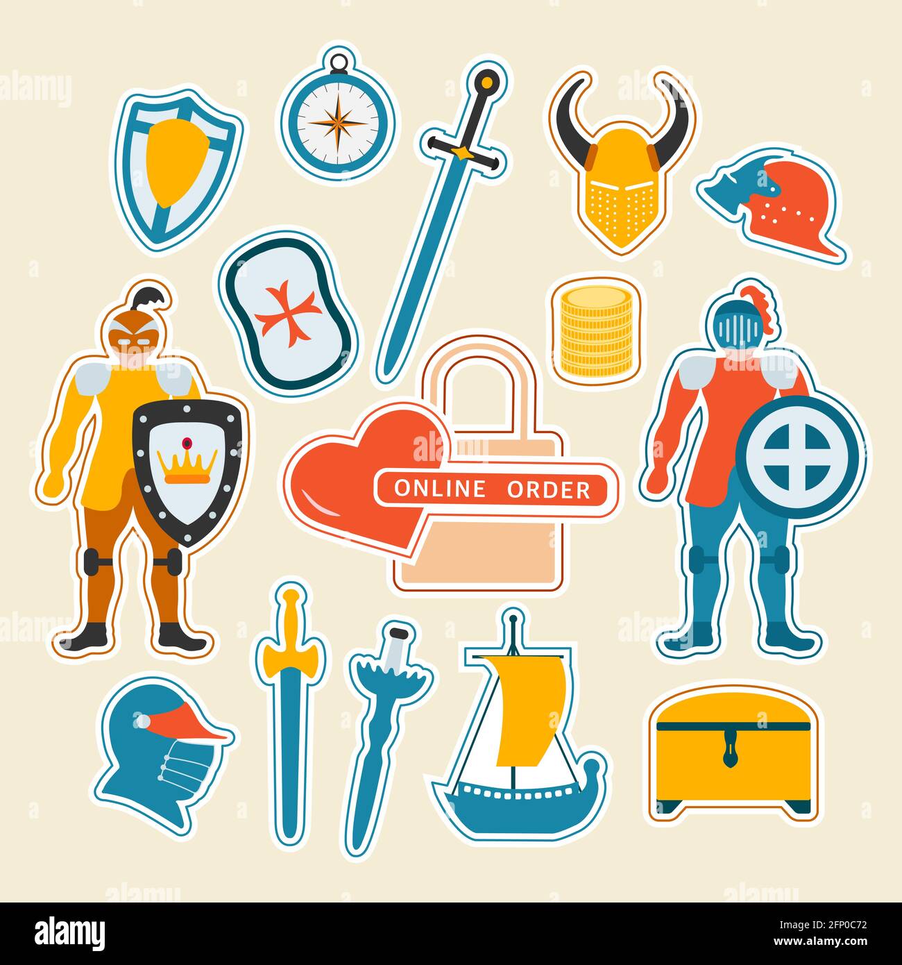 Vector illustration Stickers pack Online order Kid toys Knight, sword ...